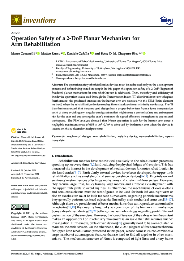 (PDF) Operation Safety of a 2-DoF Planar Mechanism for Arm Rehabilitation