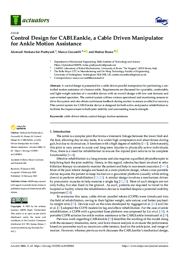 (PDF) Control Design for CABLEankle, a Cable Driven Manipulator for ...
