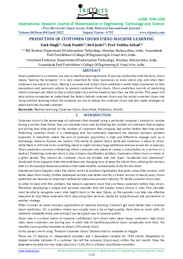 Pdf Prediction Of Customer Churn Using Machine Learning Yash Singh
