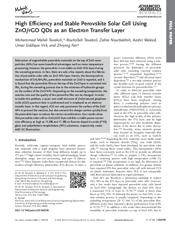 (PDF) High Efficiency and Stable Perovskite Solar Cell Using ZnO/rGO QDs as an Electron Transfer ...