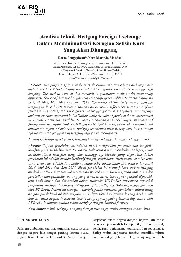 (PDF) Analisis Teknik Hedging Foreign Exchange Dalam Meminimalisasi Kerugian Selisih Kurs Yang ...