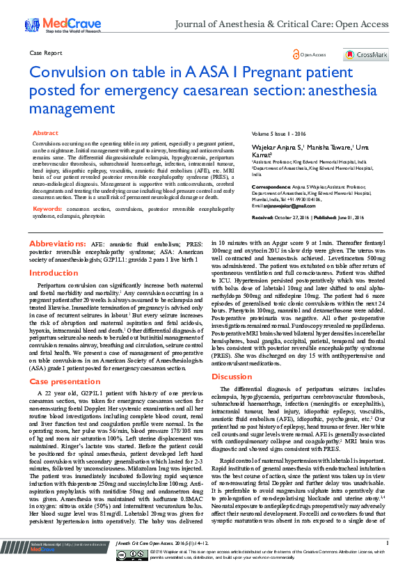 (PDF) Convulsion on Table in A ASA I Pregnant Patient Posted For ...
