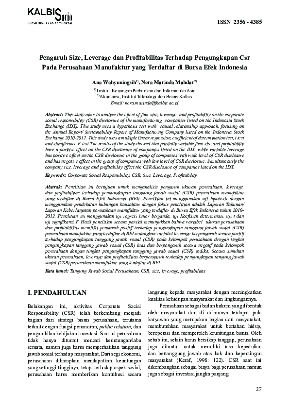 (PDF) Pengaruh Size, Leverage dan Profitabilitas Terhadap Pengungkapan Csr Pada Perusahaan ...
