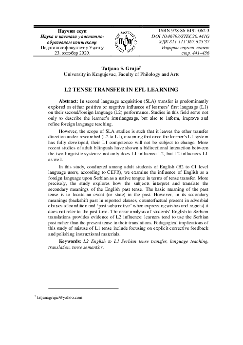 (PDF) L2 Tense Transfer in Efl Learning