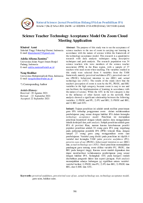 (PDF) Science Teacher Technology Acceptance Model On Zoom Cloud Meeting ...