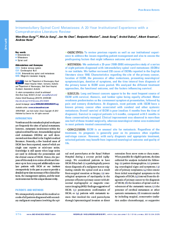 (PDF) Intramedullary Spinal Cord Metastases: A 20-Year Institutional Experience with a ...