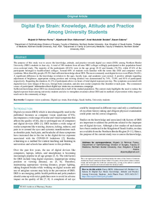 (PDF) Digital Eye Strain: Knowledge, Attitude and Practice Among ...
