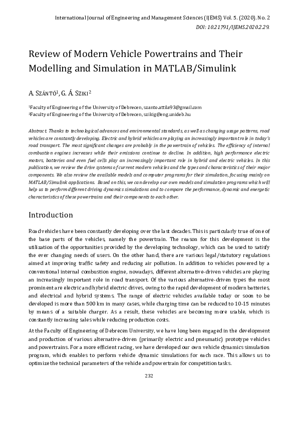 (PDF) Review of Modern Vehicle Powertrains and Their Modelling and Simulation in MATLAB/Simulink