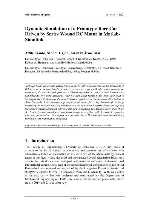 (PDF) Dynamic Simulation of a Prototype Race Car Driven by Series Wound DC Motor in Matlab- Simulink
