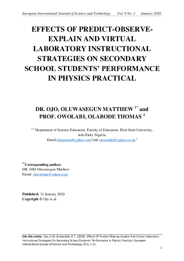 (PDF) EFFECTS OF PREDICT-OBSERVE-EXPLAIN AND VIRTUAL LABORATORY INSTRUCTIONAL STRATEGIES ON ...