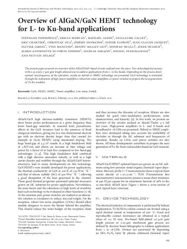 (PDF) Overview of AlGaN/GaN HEMT technology for L- to Ku-band ... (PDF) Overview of AlGaN/GaN HEMT technology for L- to Ku-band ...