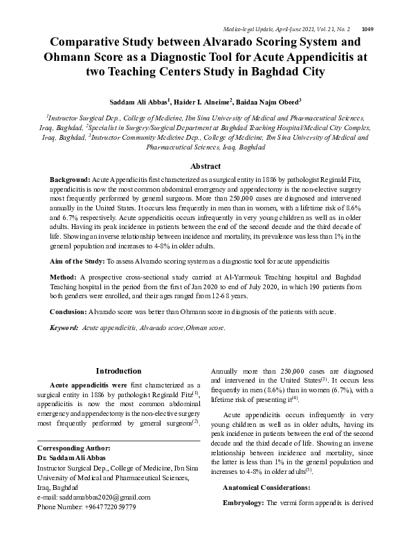 (PDF) Comparative Study between Alvarado Scoring System and Ohmann ...