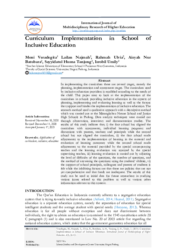 (PDF) Curriculum Implementation in School of Inclusive Education