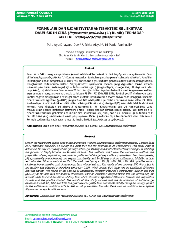 (PDF) FORMULASI DAN UJI AKTIVITAS ANTIBAKTERI GEL ANTI JERAWAT EKSTRAK DAUN SIRIH CINA ...