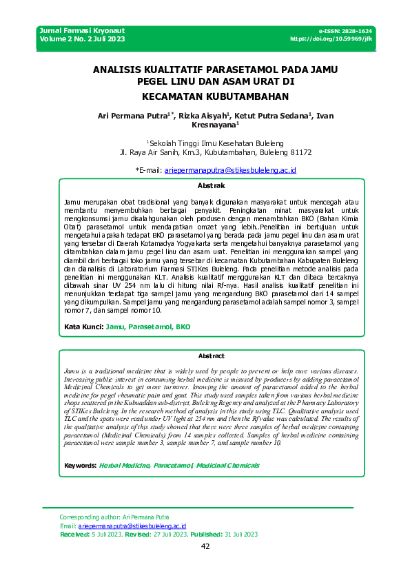 (PDF) Analisis Kualitatif Parasetamol Pada Jamu Pegel Linu Dan Asam Urat Di Kecamatan Kubutambahan