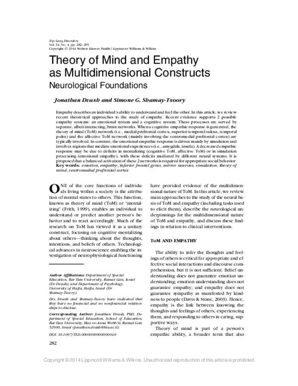 (PDF) Theory of Mind and Empathy as Multidimensional Constructs