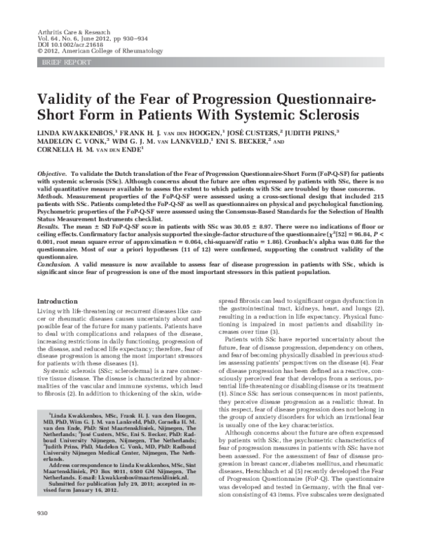 (PDF) Validity of the Fear of Progression Questionnaire-Short Form in ...