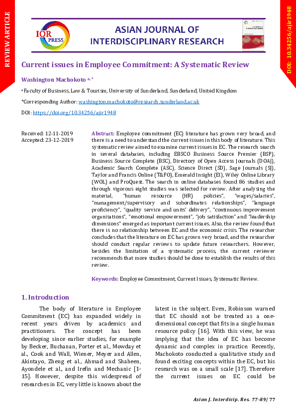 (PDF) Current issues in Employee Commitment: A Systematic Review