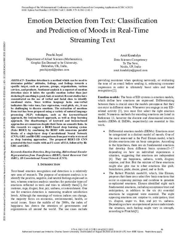 Pdf Bert 1d Cnn For Real Time Emotion Detection