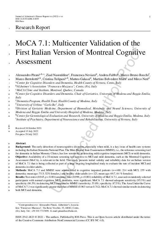 (PDF) MoCA 7.1: Multicenter Validation of the First Italian Version of Montreal Cognitive Assessment