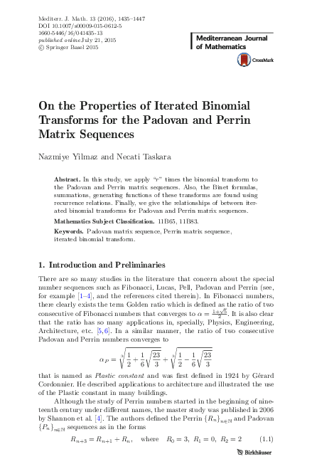 (PDF) On the Properties of Iterated Binomial Transforms for the Padovan and Perrin Matrix Sequences