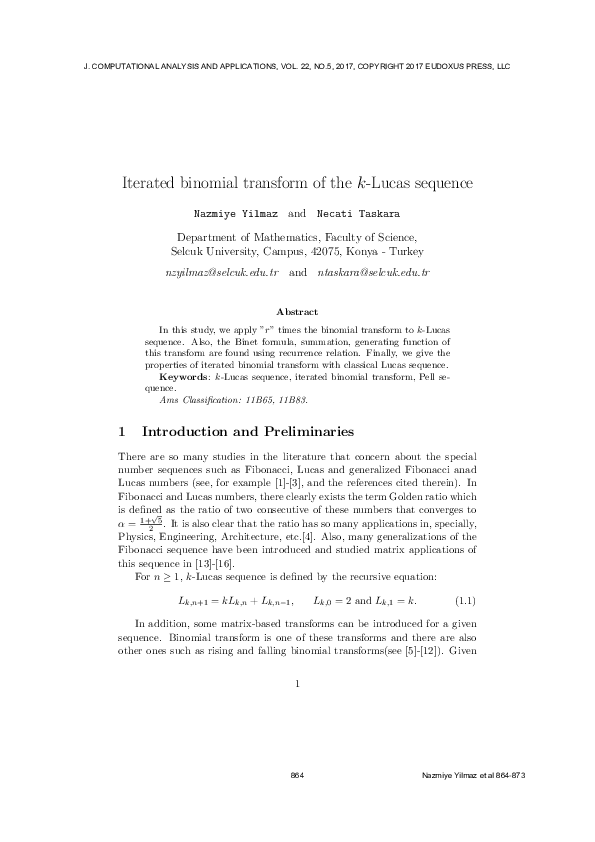 (PDF) Iterated binomial transform of the k-Lucas sequence
