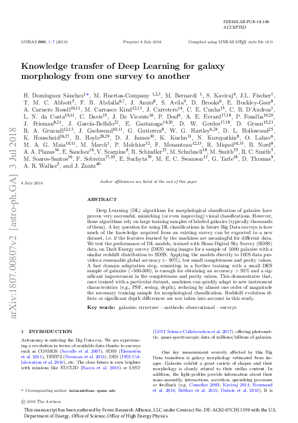(PDF) Knowledge transfer of Deep Learning for galaxy morphology from one survey to another