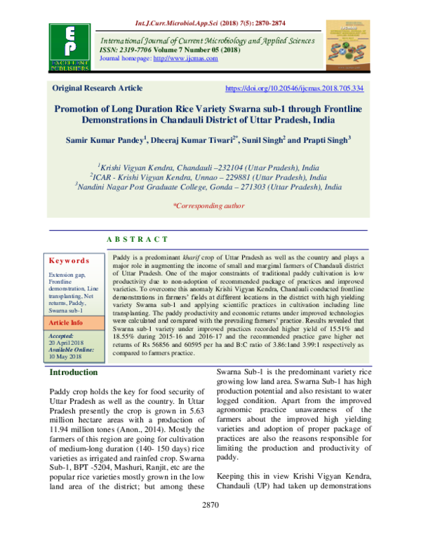 (PDF) Promotion of Long Duration Rice Variety Swarna sub-1 through ...