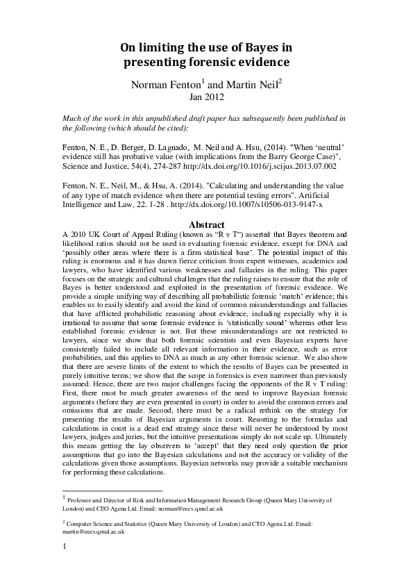 (PDF) On limiting the use of Bayes in presenting forensic evidence