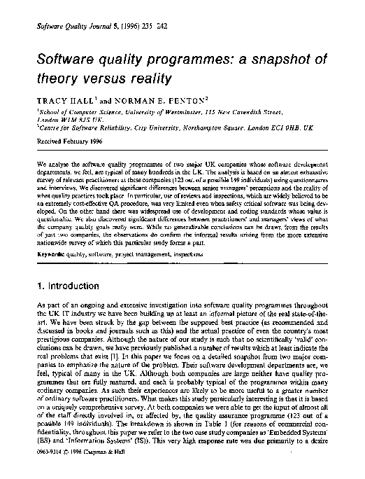 (PDF) Software quality programmes: a snapshot of theory versus reality