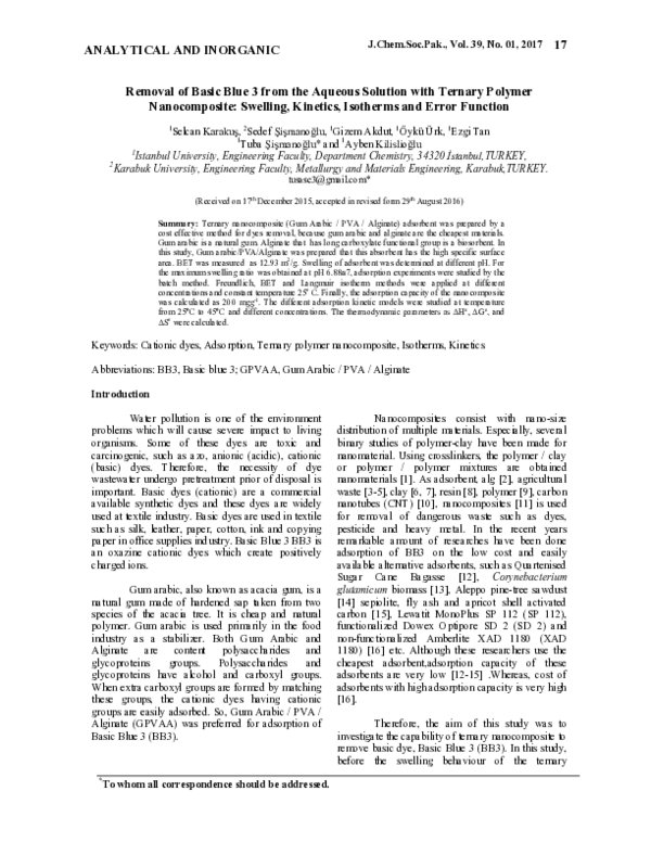(PDF) Removal of Basic Blue 3 from the Aqueous Solution with Ternary ...