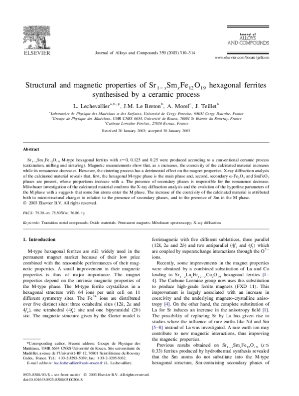 (PDF) Structural and magnetic properties of Sr1−xSmxFe12O19 hexagonal ...