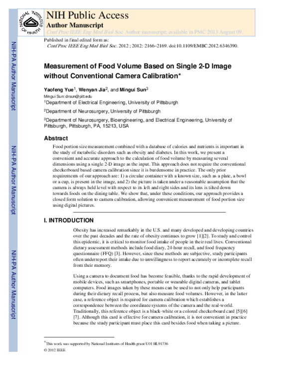(PDF) Measurement of food volume based on single 2-D image without ...
