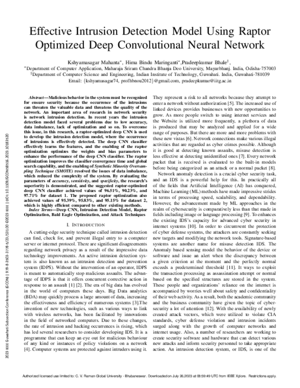 Pdf Effective Intrusion Detection Model Using Raptor Optimized Deep Convolutional Neural Network