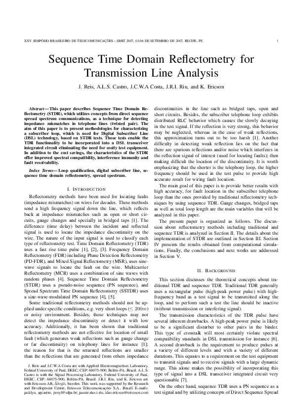 (PDF) Sequence Time Domain Reflectometry for Transmission Line Analysis
