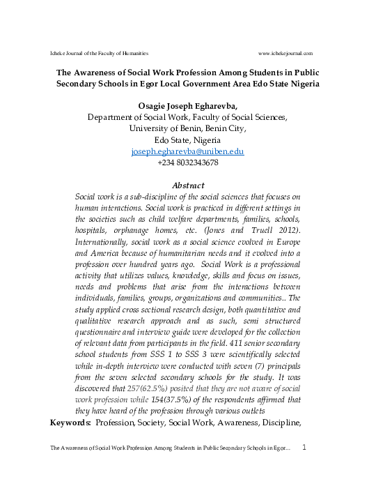 (PDF) The Awareness of Social Work Profession Among Students in Public ...