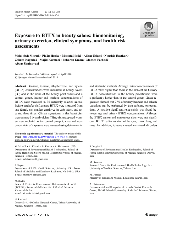 (PDF) Exposure to BTEX in beauty salons: biomonitoring, urinary excretion, clinical symptoms ...