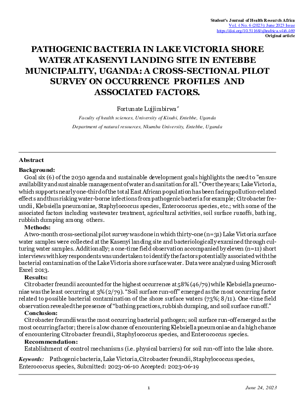 (PDF) PATHOGENIC BACTERIA IN LAKE VICTORIA SHORE WATER AT KASENYI ...
