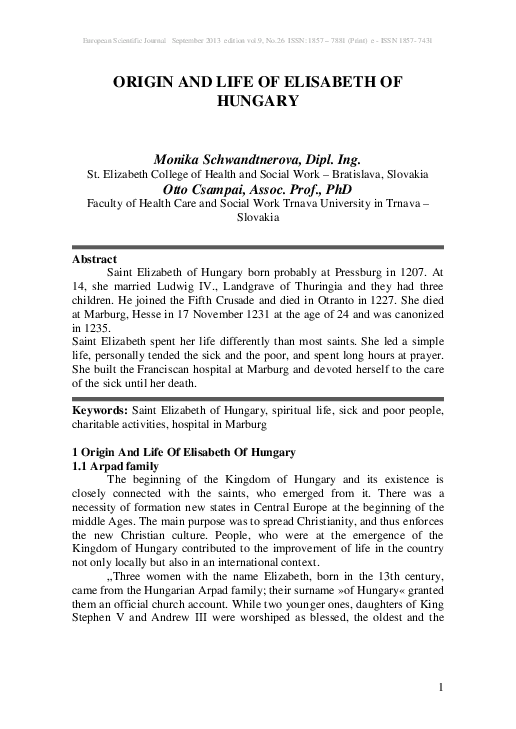 (PDF) Origin and Life of Elisabeth of Hungary | Ottó Csámpai - Academia.edu