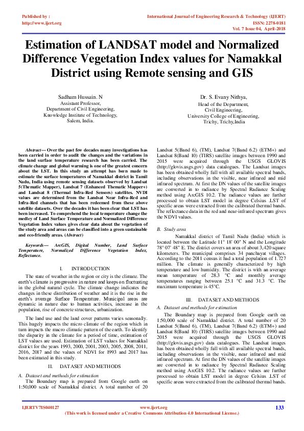 Pdf Estimation Of Landsat Model And Normalized Difference Vegetation Index Values For Namakkal