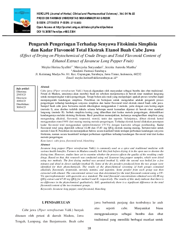 (PDF) Pengaruh Pengeringan Terhadap Senyawa Fitokimia Simplisia dan ...