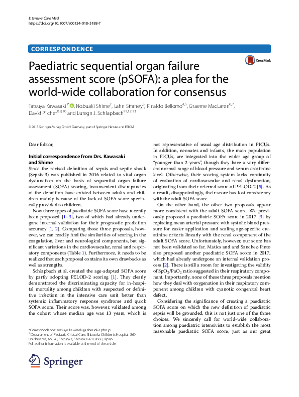 (PDF) Paediatric sequential organ failure assessment score (pSOFA): a ...