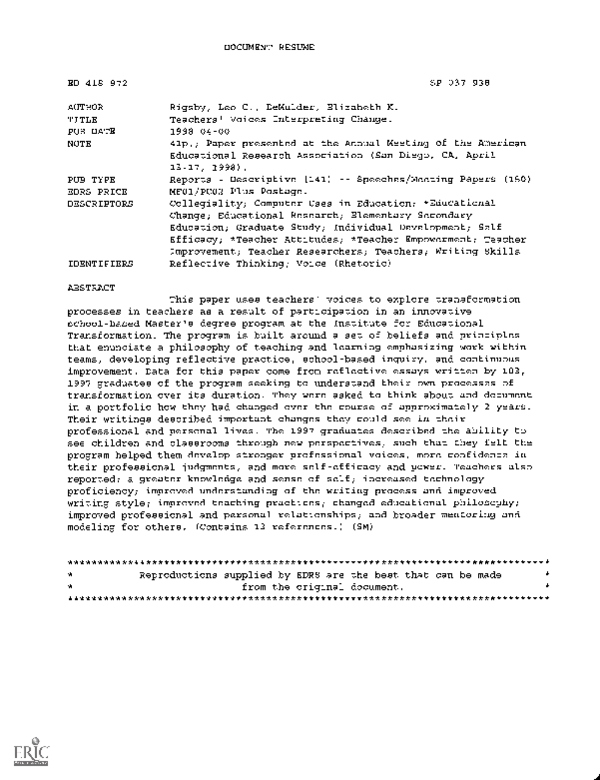 (PDF) Teachers' Voices Interpreting Change | Betsy DeMulder - Academia.edu