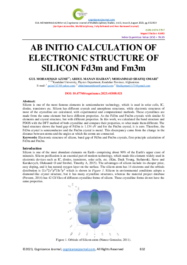 (PDF) AB INITIO CALCULATION OF ELECTRONIC STRUCTURE OF SILICON Fd3m and ...