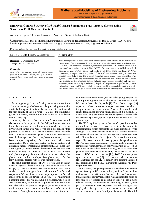 Pdf Improved Control Strategy Of Ds Pmsg Based Standalone Tidal Turbine System Using