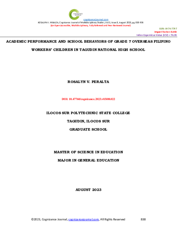 (PDF) ACADEMIC PERFORMANCE AND SCHOOL BEHAVIORS OF GRADE 7 OVERSEAS ...