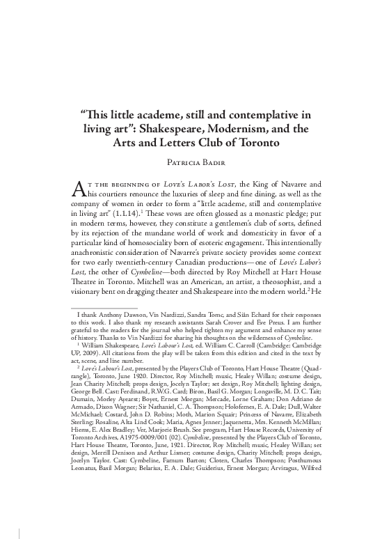 (PDF) Shakespeare, Modernism, and Toronto's Arts and Letters Club