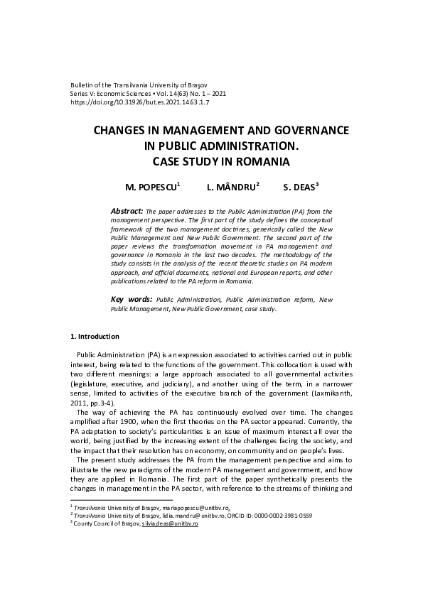 (PDF) Changes in Management and Governance in Public Administration. Case Study in Romania
