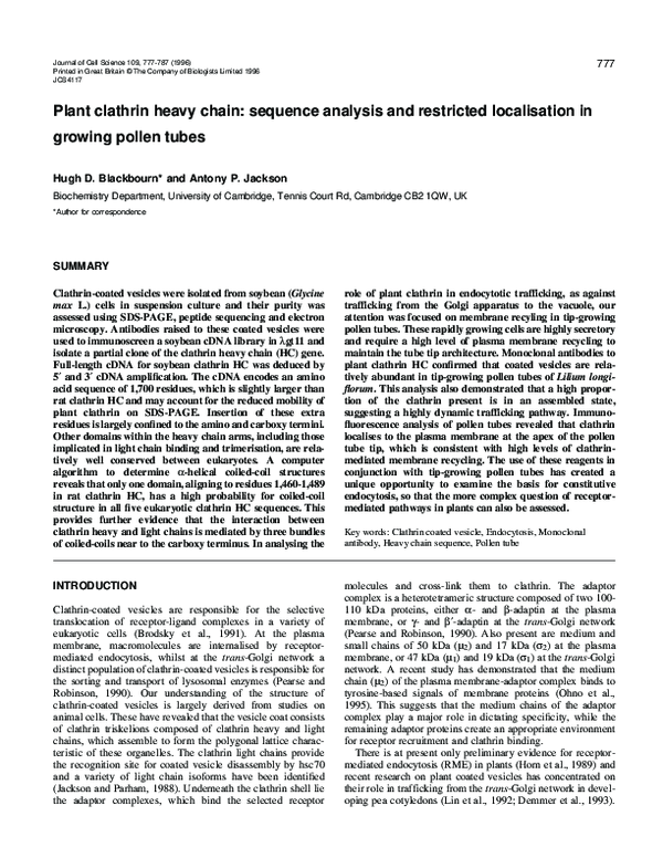 (PDF) Plant clathrin heavy chain: sequence analysis and restricted ...