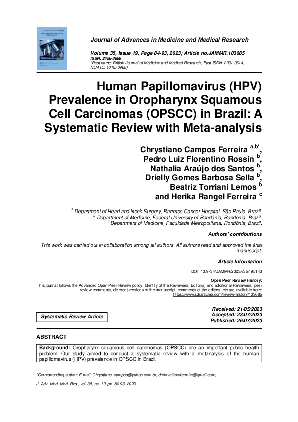 (PDF) Human Papillomavirus (HPV) Prevalence in Oropharynx Squamous Cell ...
